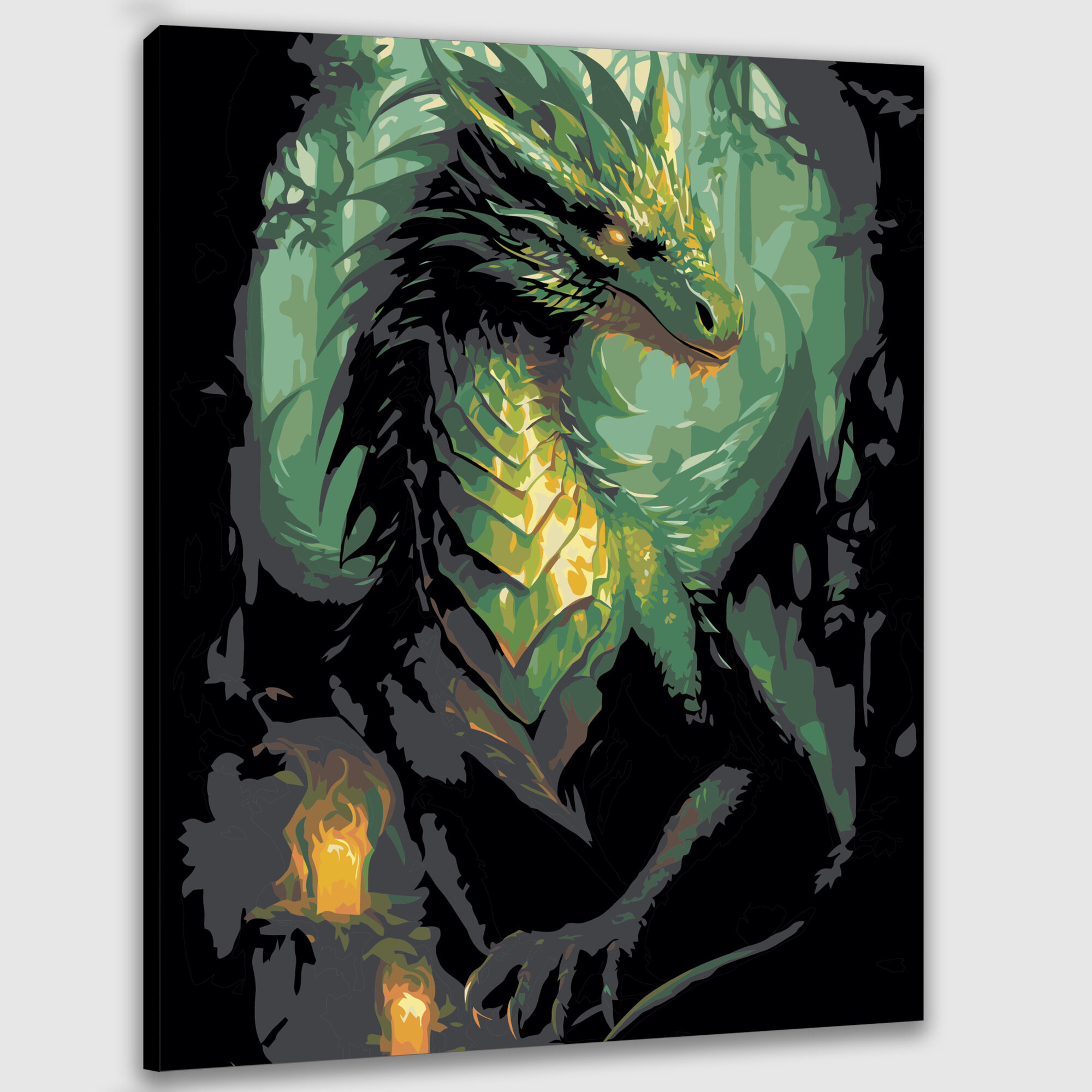 Картина по номерам 40x50 см, картина, масло, зеленый дракон, извилистое тело, сокровище, изумрудная чешуя, свечи, глаза