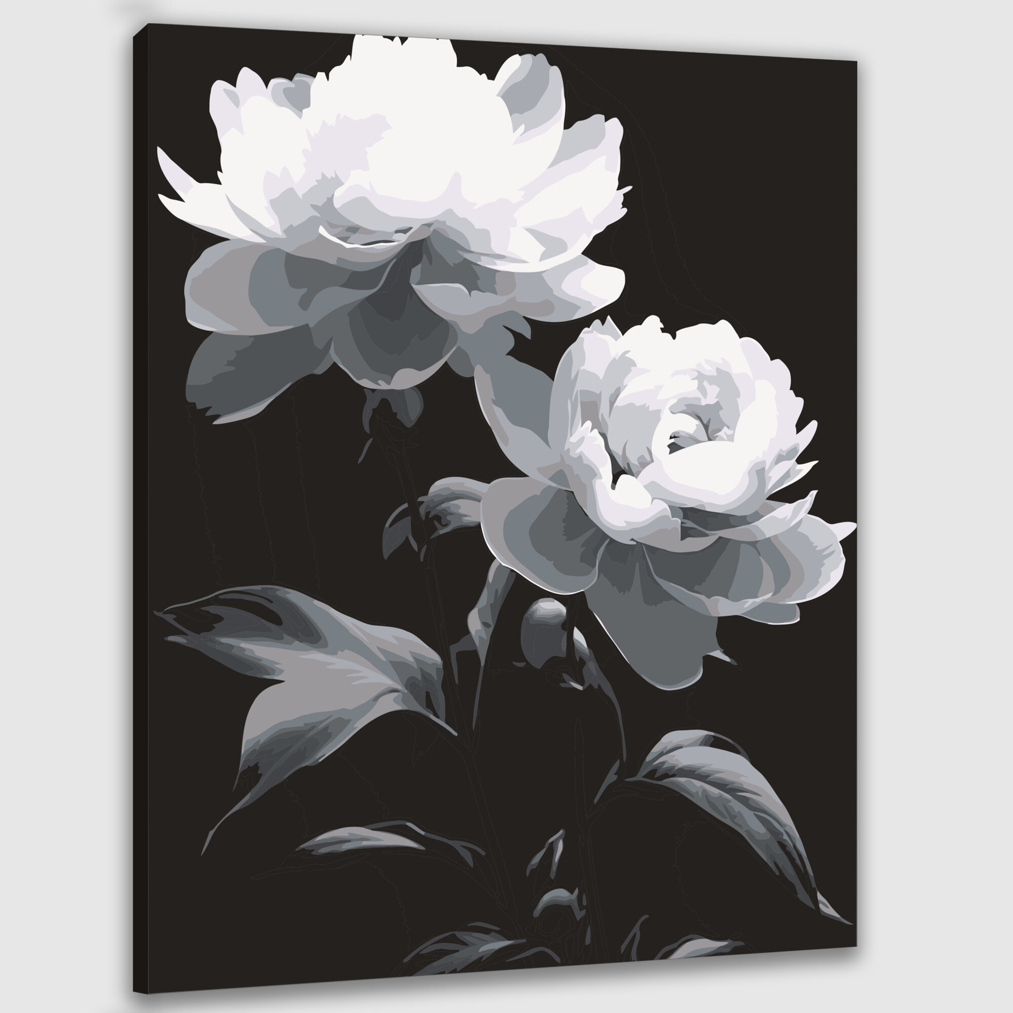 Картина по номерам 40x50 см, пионы, фотография, черно-белая, сумерки, лунный свет, силуэт, бархатный фон, минимализм