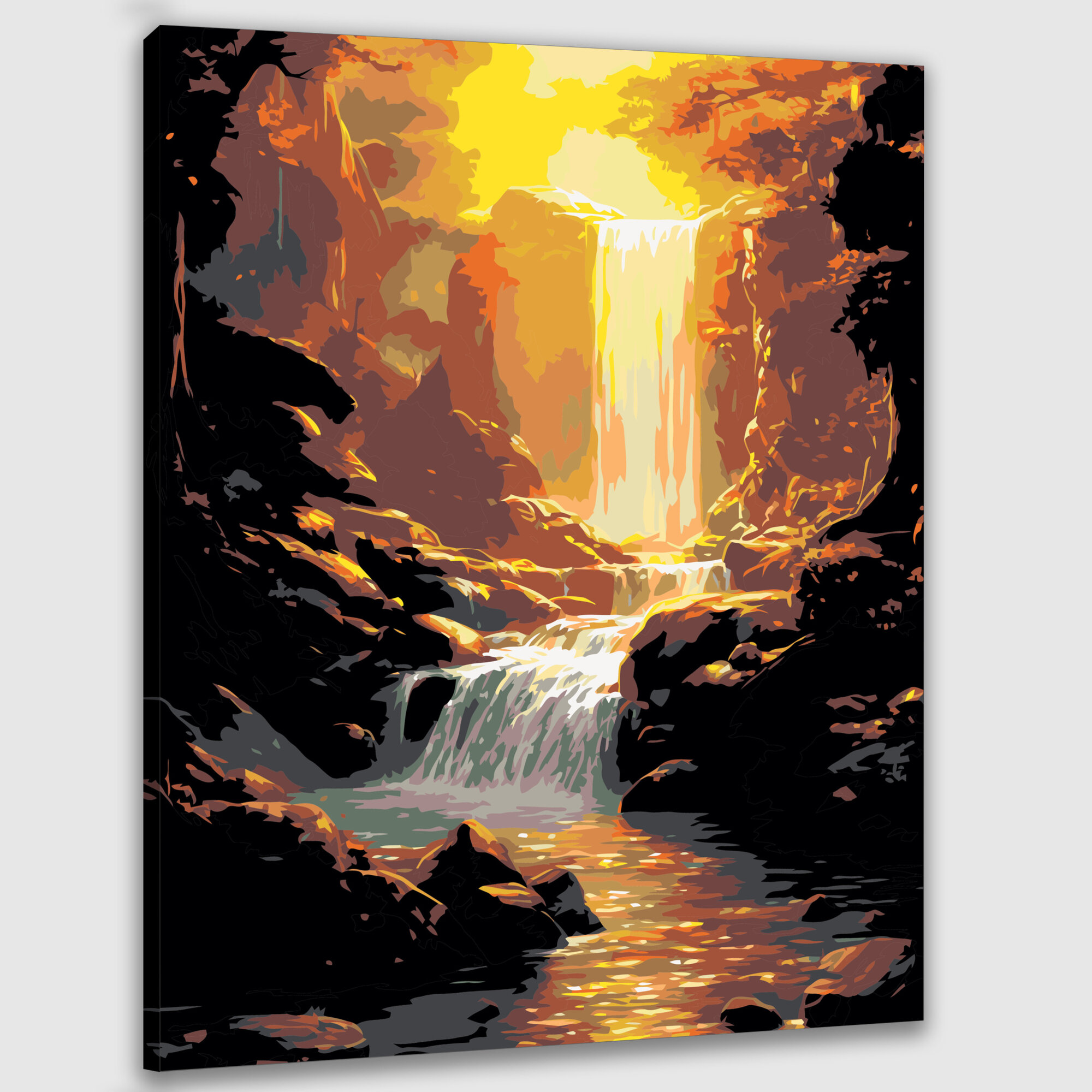 Картина по номерам 40x50 см, водопад, золотистый свет, блеск, искорки, бассейн, легкость, чистота