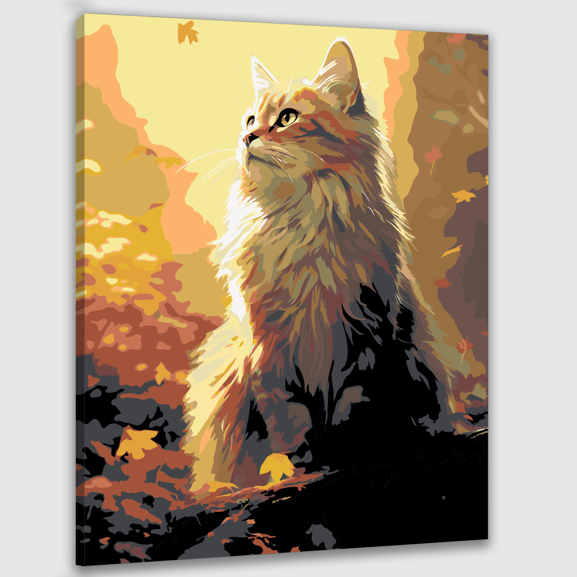 Картина по номерам 40x50 см, картина, цифровая, кот, мейн-кун, пушистый, мордочка, лес, осенний, листья, солнечный свет