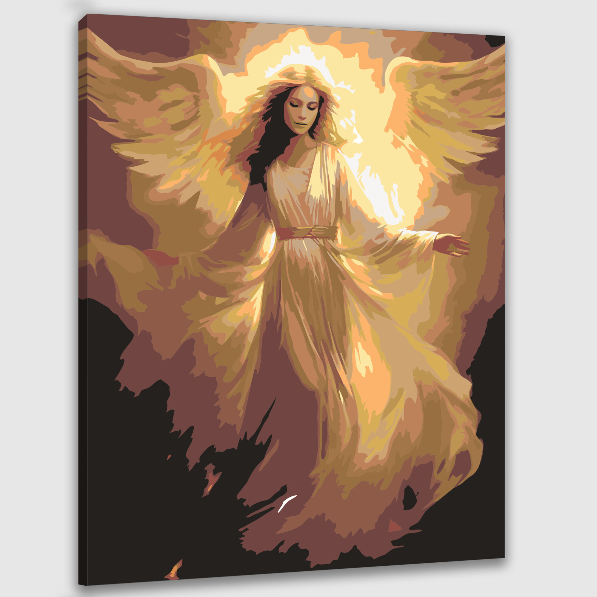 Картина по номерам 40x50 см, ангел, крылья, свет, небесное сияние, теплые оттенки, безмятежные сумерки, мира