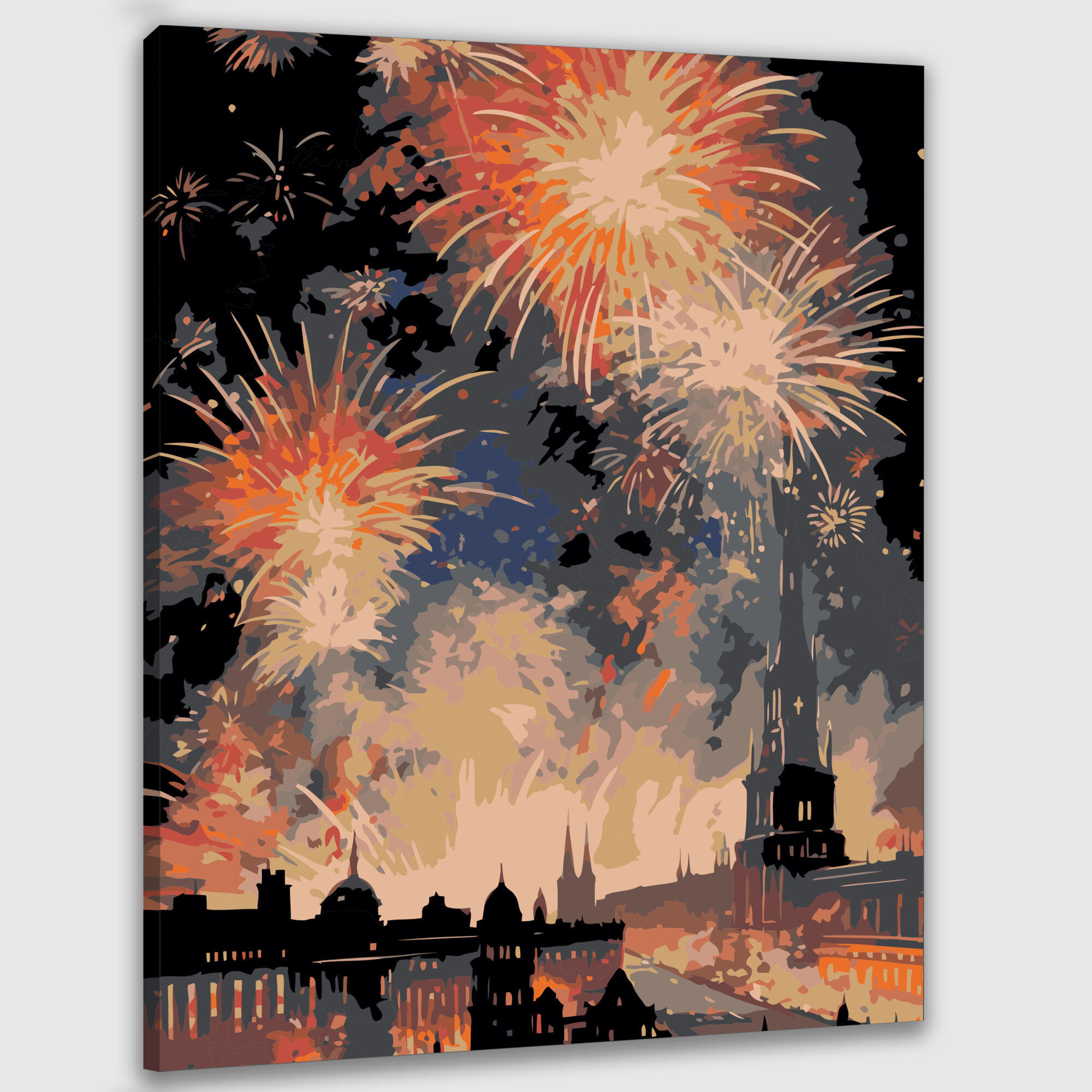 Картина по номерам 40x50 см, набросок, уголь, фейерверк, ночное небо, вспышки цвета, искры, благоговение, удивление