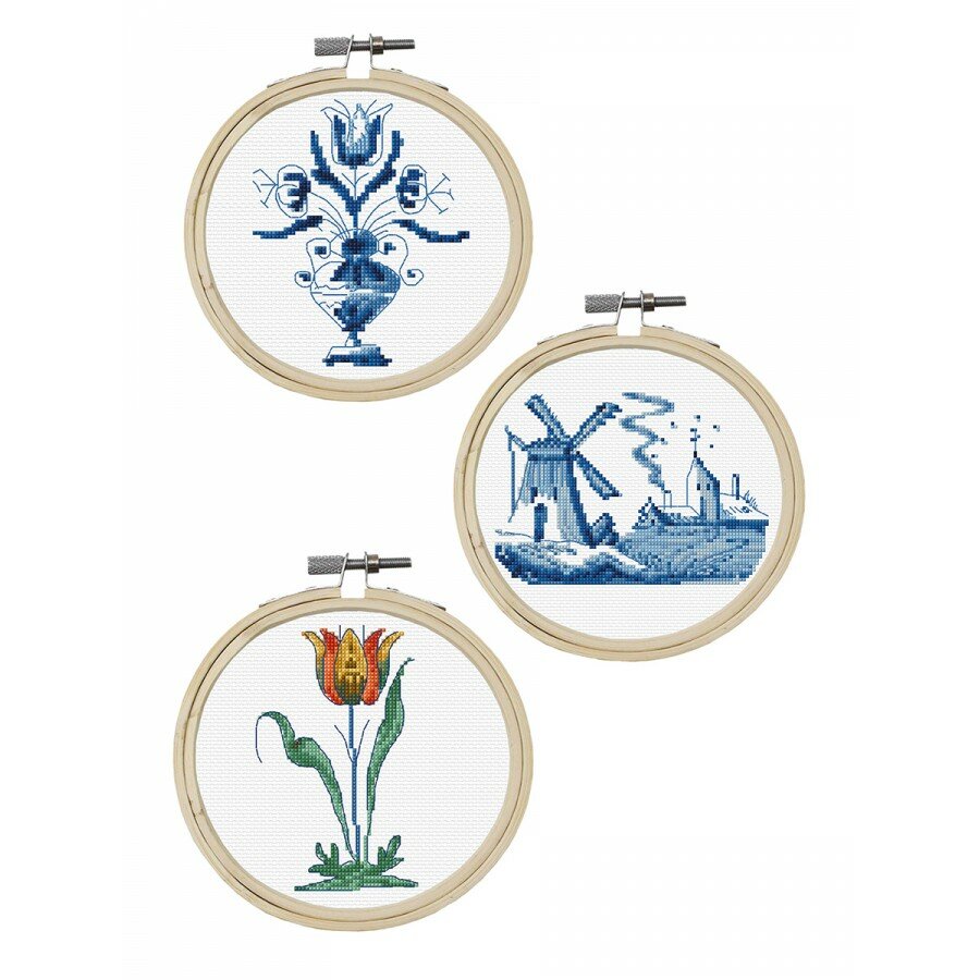 Набор для вышивания Делфт, канва аида 16 ct, диаметр 15 см, 3 дизайна 15 см THEA GOUVERNEUR 610A