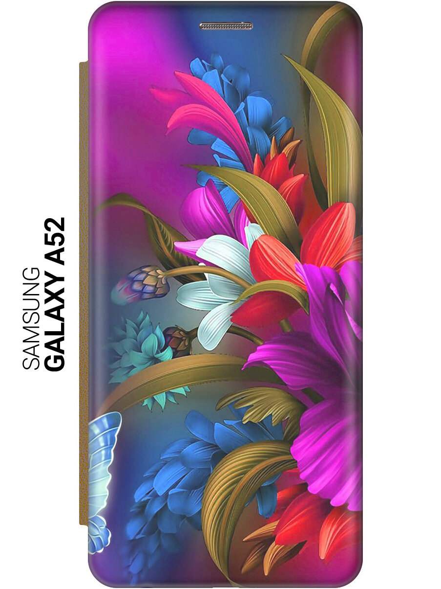 Чехол-книжка на Samsung Galaxy A52, Самсунг А52 с 3D принтом "Фантастические цветы" золотой