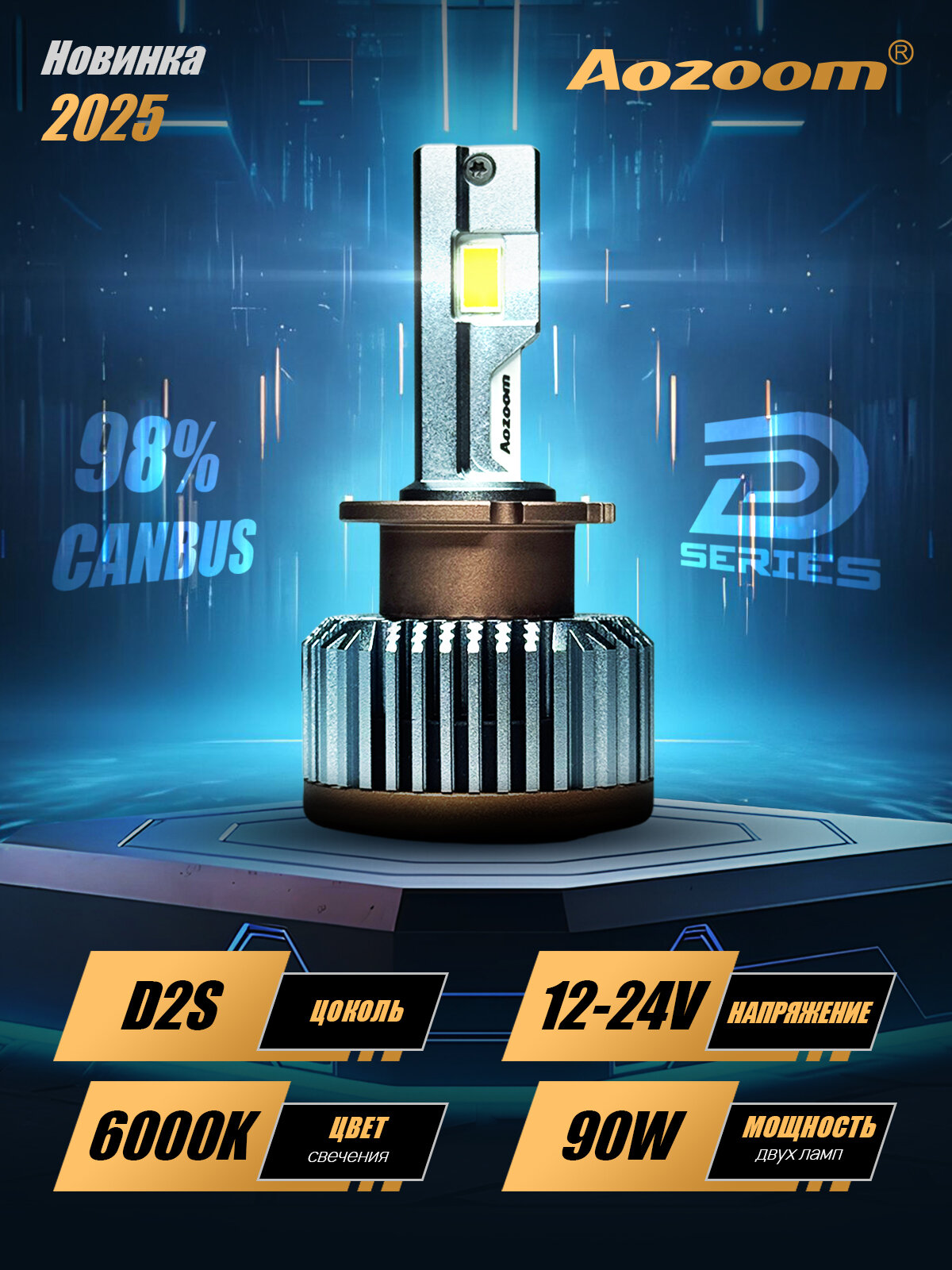 Светодиодные автомобильные лампы LED Aozoom KING D2S (90W/6000K) c обманкой CANBUS