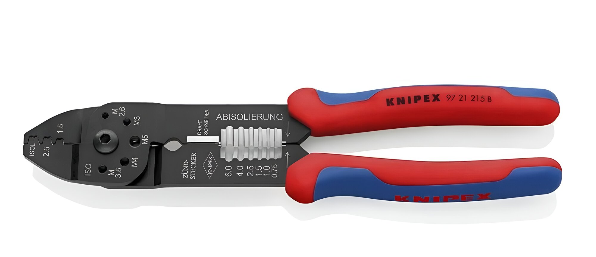 Пресс-клещи KNIPEX, 3 гнезда, штекеры открытые неизолированные 6.3 мм: 0.5-2.5 кв. мм, длина 230 мм KN-9721215B