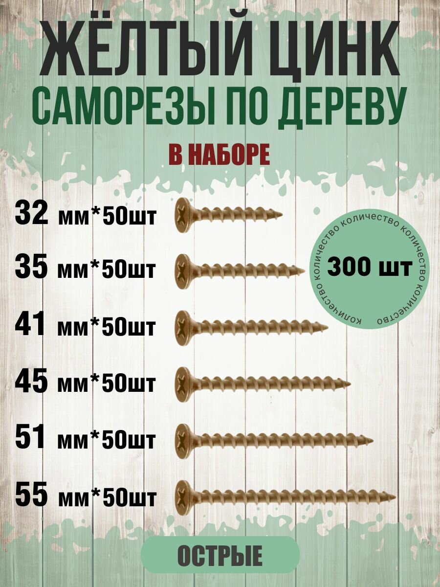 Саморезы по дереву набор GETSTUFF цинк универсальные желтые 300 шт.