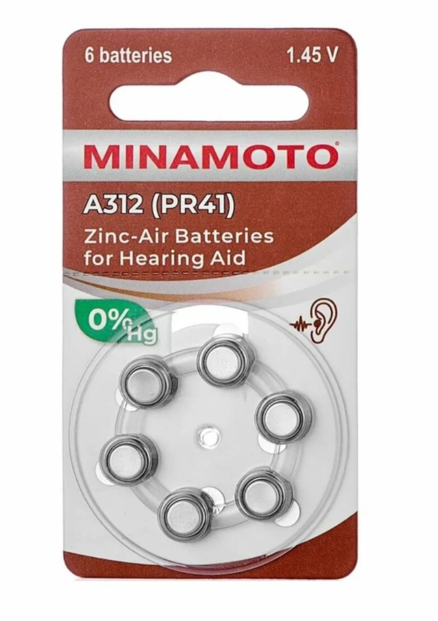 Батарейкa MINAMOTO ZA312, воздушно- цинковая, 1.45 В, 6 шт. для слуховых аппаратов