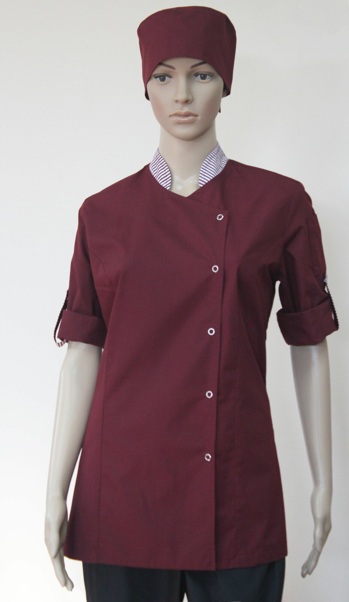 Китель поварской женский бордовый с отделкой бордовая полоска, куртка для повара