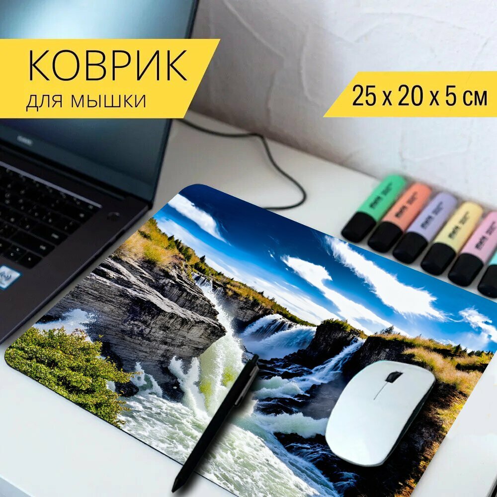 Коврик для мыши с принтом "Водопад хурсухльявюкур воздействует на зрителя своими сверкающими глазами, как драгоценный камень, запечатленным в чёрных скалах. струи воды." 25x20см.