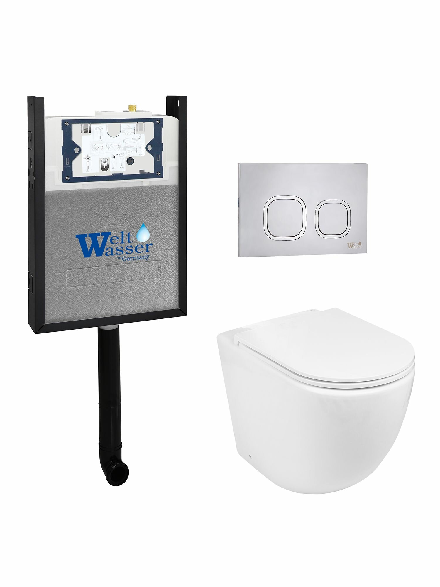 Комплект 6 в 1 WeltWasser: напольный унитаз MERZBACH 002 GL-WT белый+кнопка смыва AMBERG RD-MT CR хром+инсталляция AMBERG 404