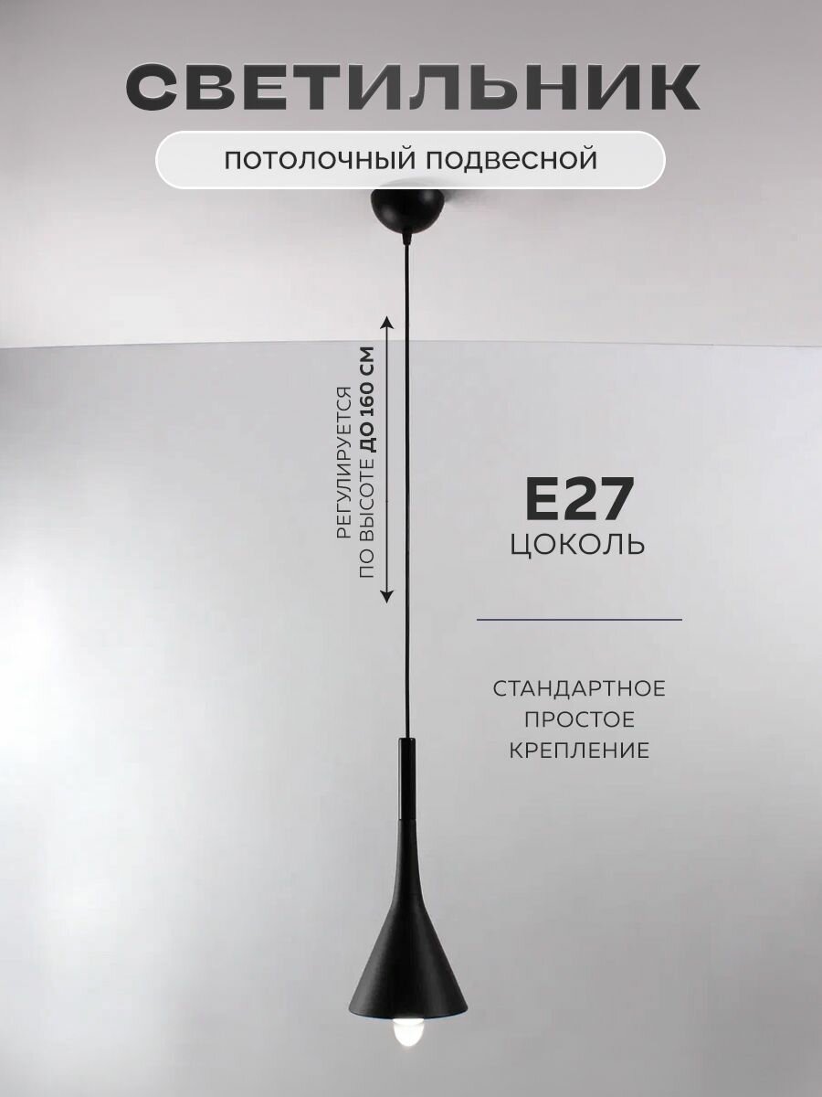 Светильник потолочный подвесной в стиле лофт, SHUMSHOP, цоколь E27, 60 Вт, черный матовый