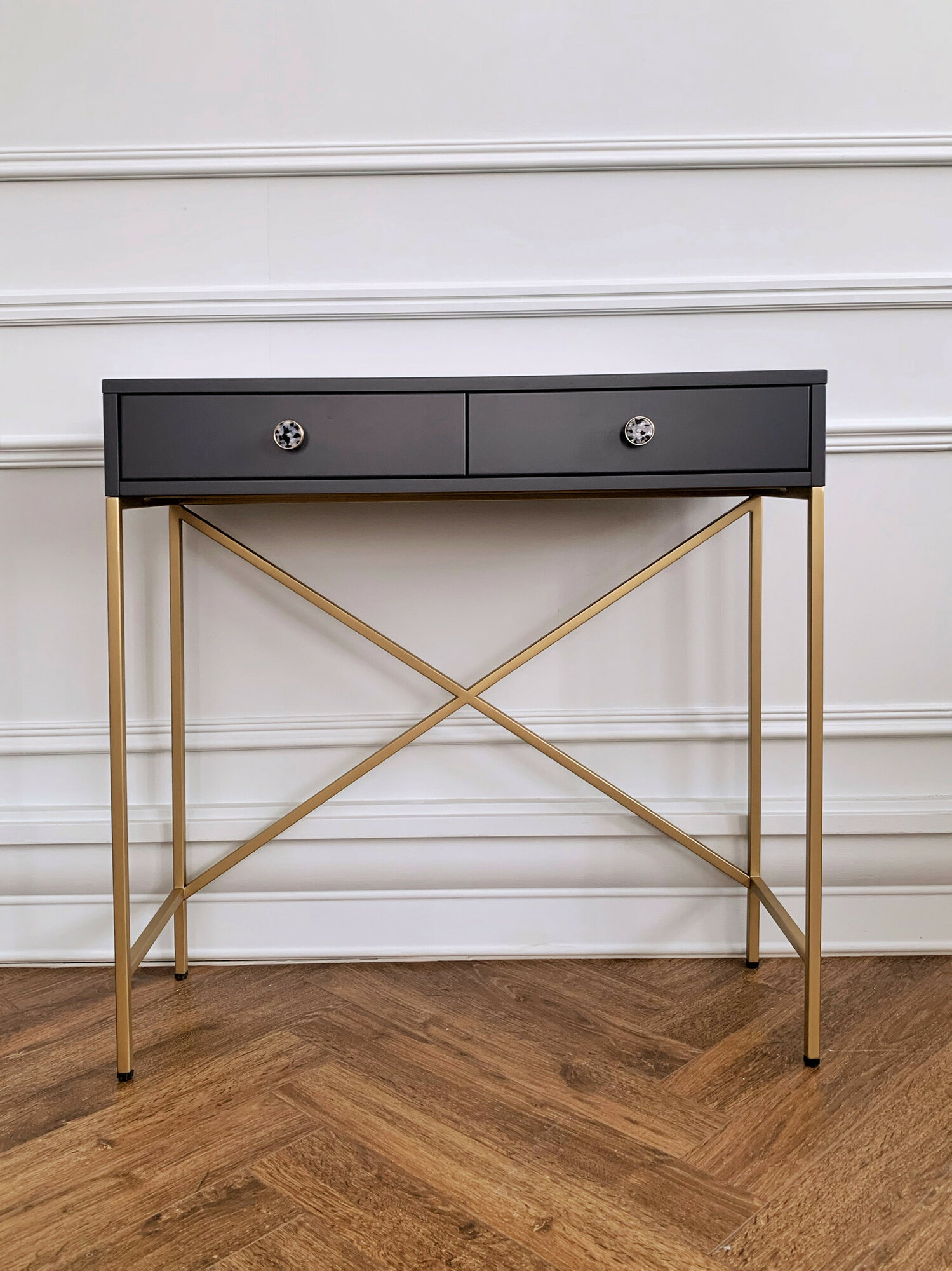 Консоль Равенна 24449 с двумя ящиками серого цвета RAL 7024 на золотистом металлическом каркасе