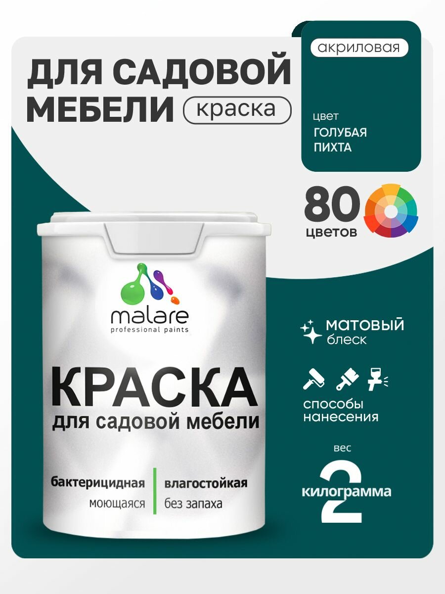 Акриловая краска Malare для садовой мебели/ по дереву, для наружных и внутренних работ/ быстросохнущая моющаяся без запаха матовая, голубая пихта, 2 кг
