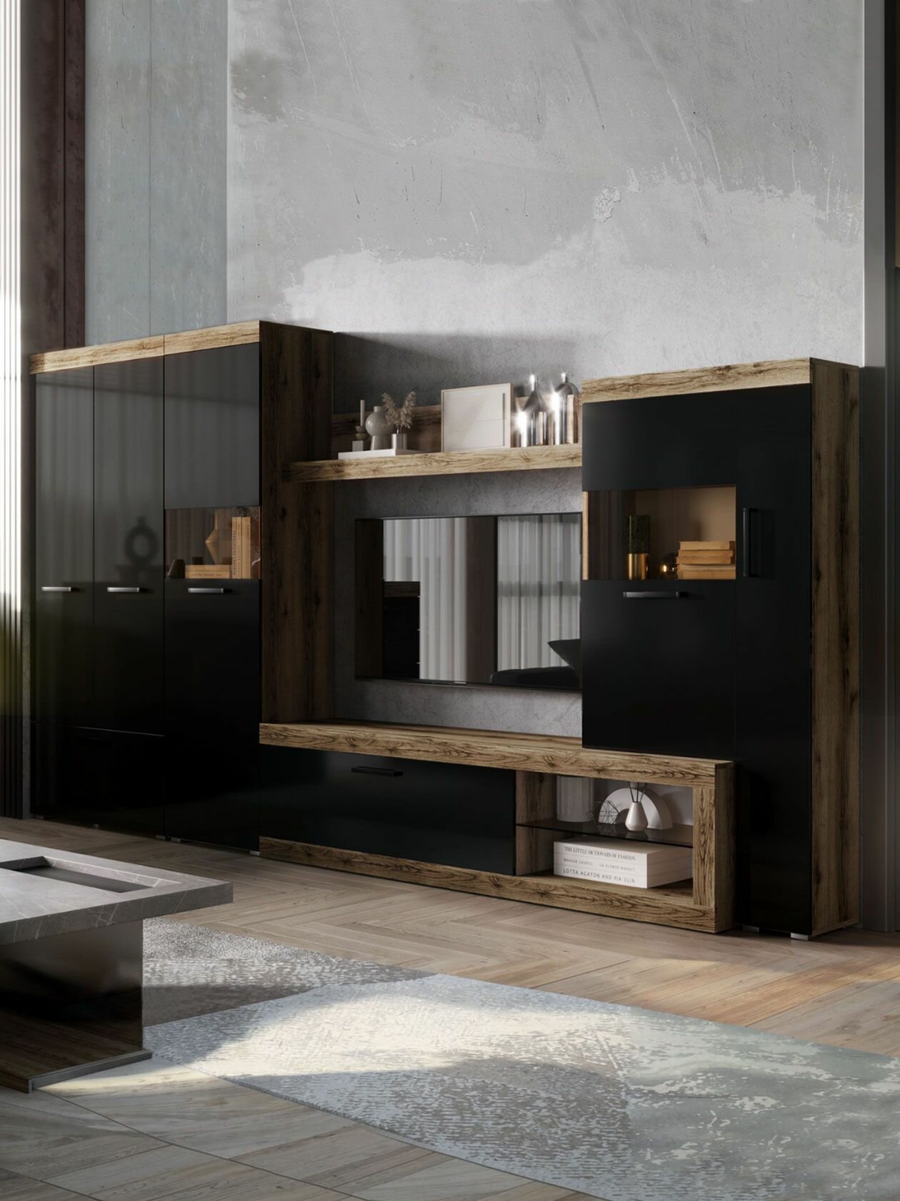 Гостиная комплект Бастон, 371.2х40х200 см, Дуб Делано / Черный глянец