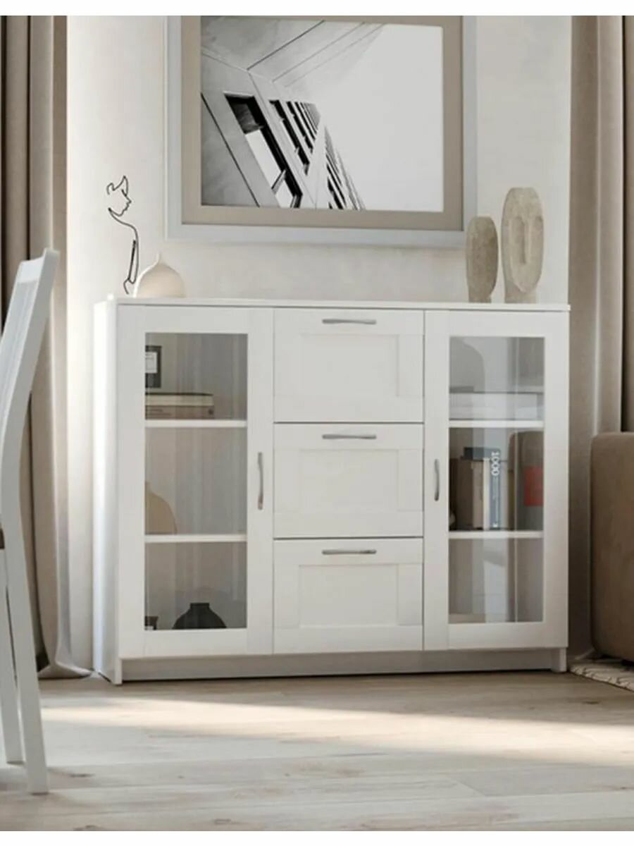 Комод для одежды и хранения вещей Сириус с ящиками, с полками, 117.1х41.2х94.6 см, Белый / Стекло