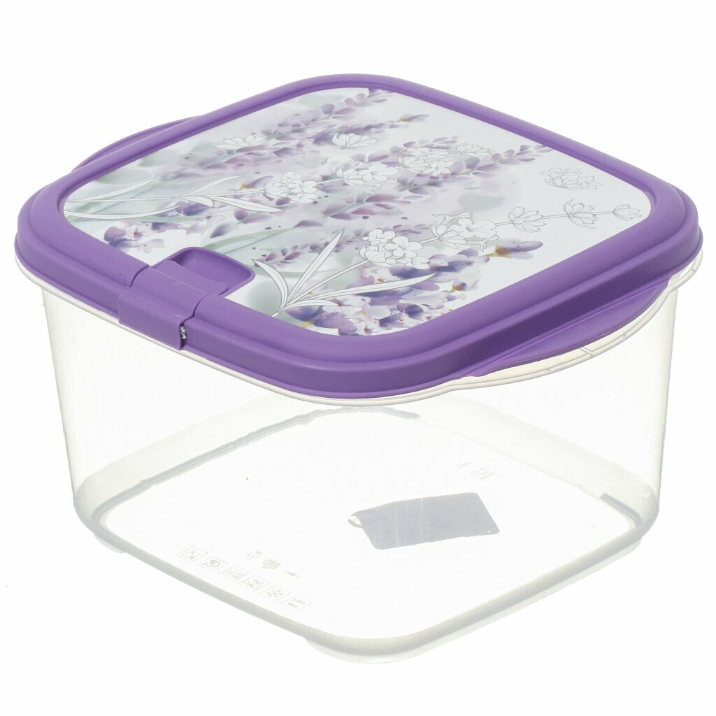 Полимербыт Контейнер пищевой пластик, 1.5 л, 15х15х10 см, квадратный, с клапаном, Lavender
