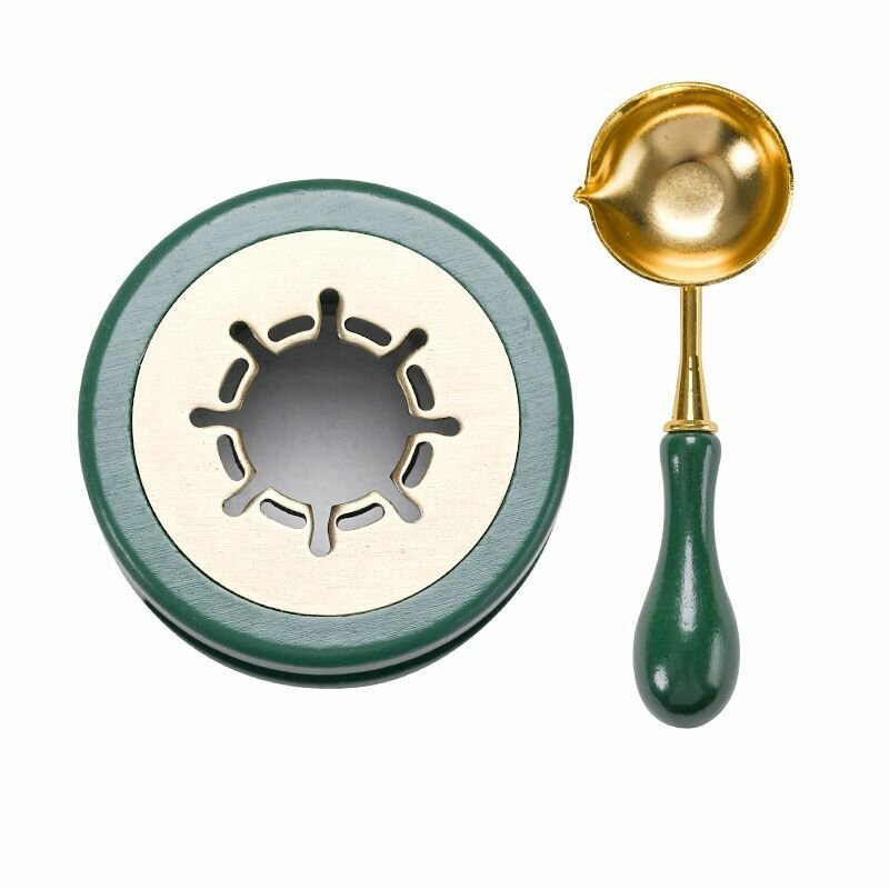 Сургучница с ложкой для плавления сургуча/воска - темно зеленый цвет. Деревянный набор