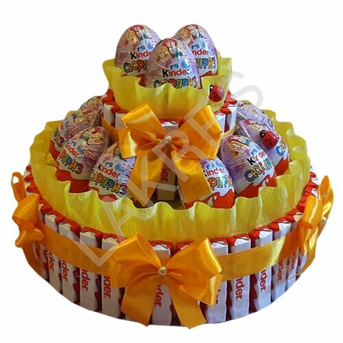 Торт из конфет LAKRES, детский, 56 Киндер-шоколада, 14 Киндер-сюрпризов, желтый