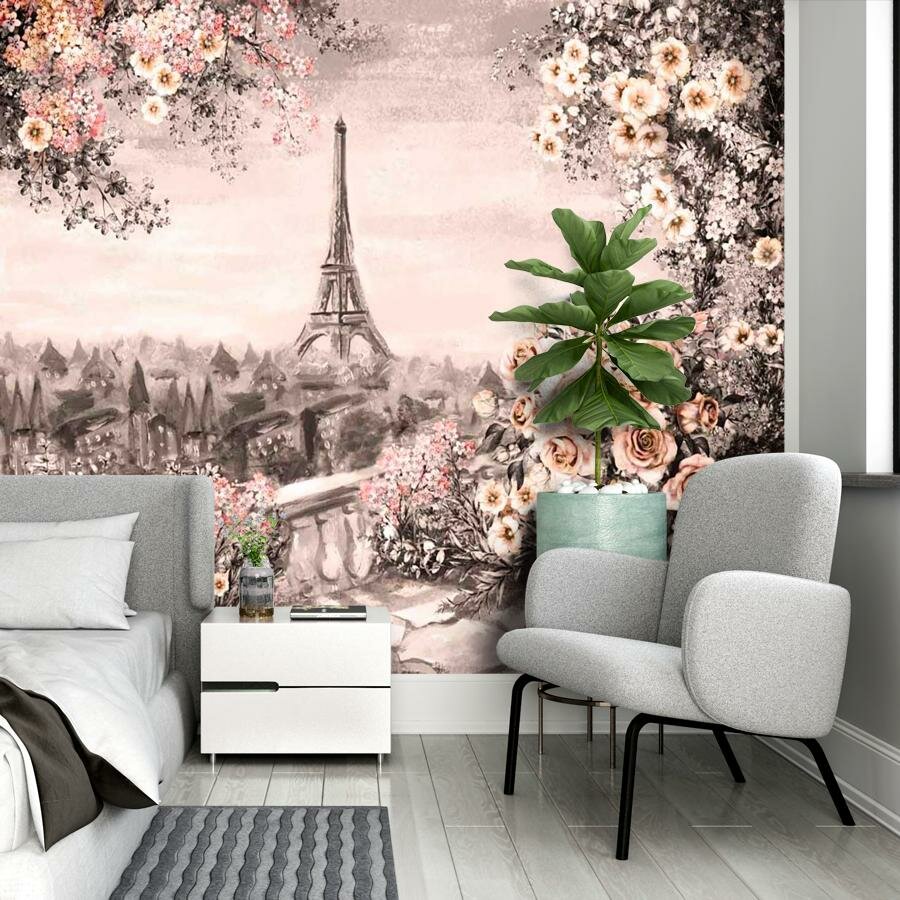 Фотообои Париж эйфелева башня нарисованная 9-760-S-Холст 270 x 200 см (ВхШ) Бесшовные, флизелиновые, влагостойкие обои MasterFresok