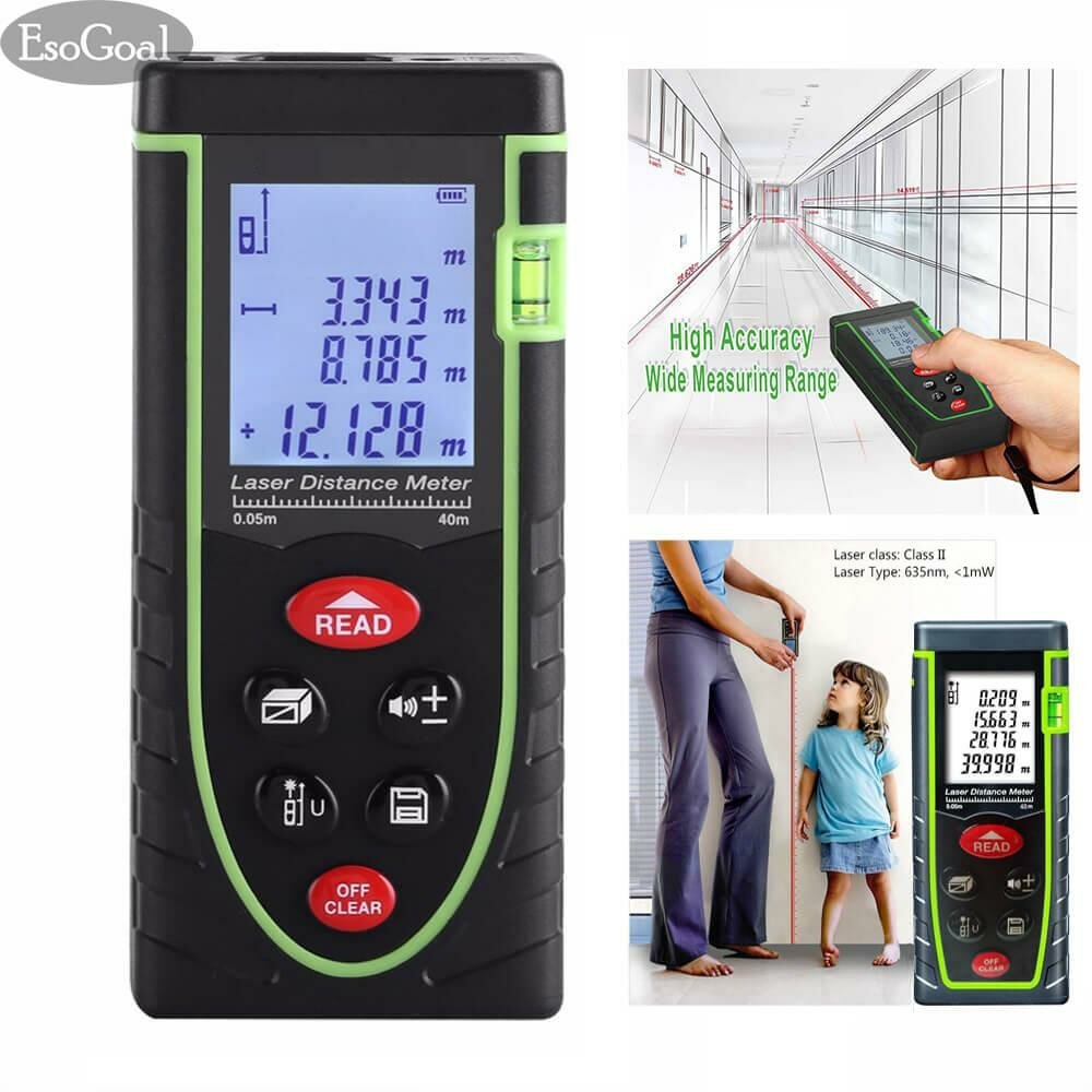EsoGoal Laser Distance Measure, Измерительный дальномер 40M и 60M Ручной лазерный уровень дальномер Лазерный измерительный прибор, Пифагорейский режим, Лазерная лента для расчета объема и площади, ЖК-дисплей, Самокалибровка