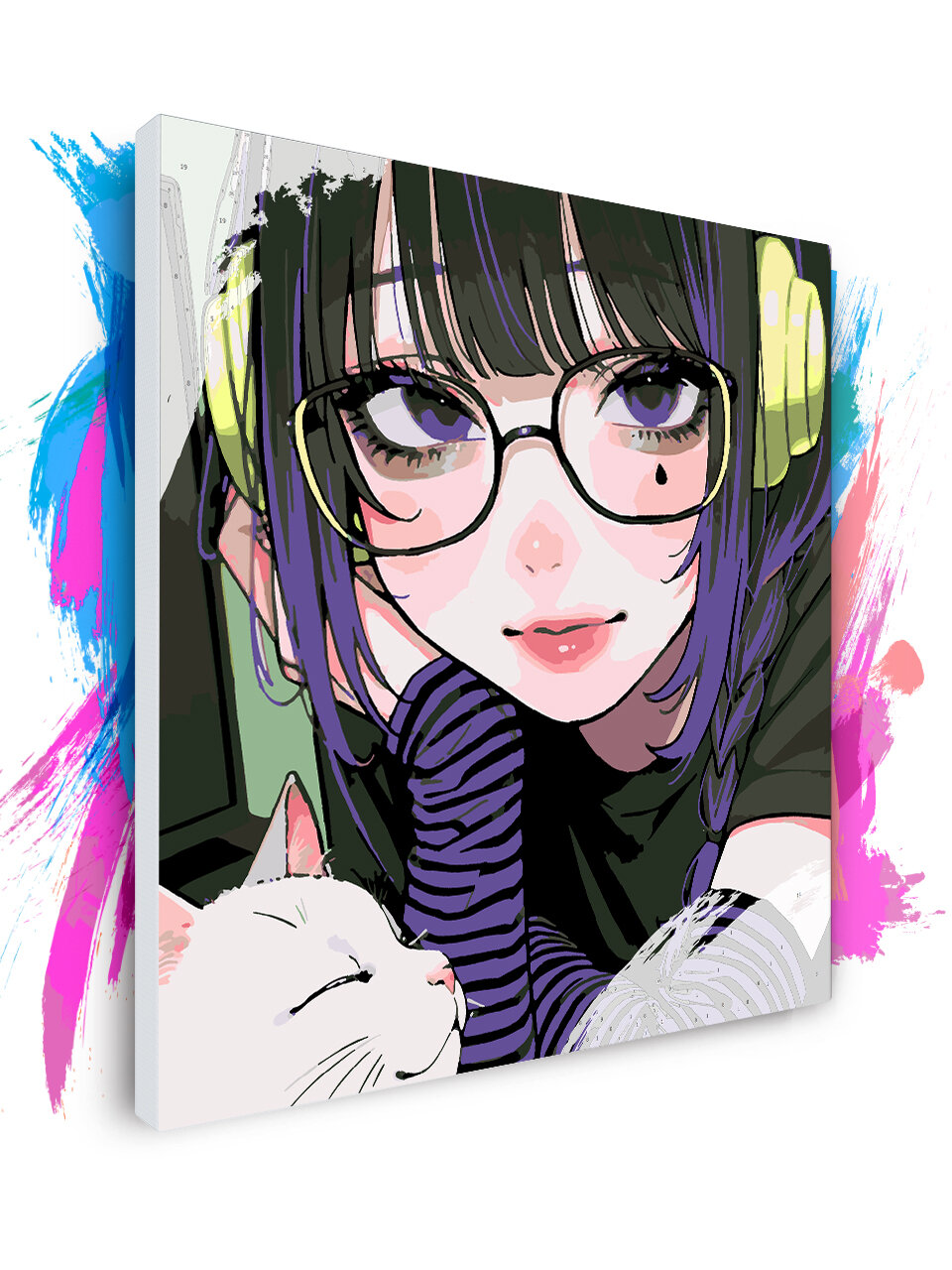 Картина по номерам на холсте Девочка эмо с белым котиком, 50 х 50 см
