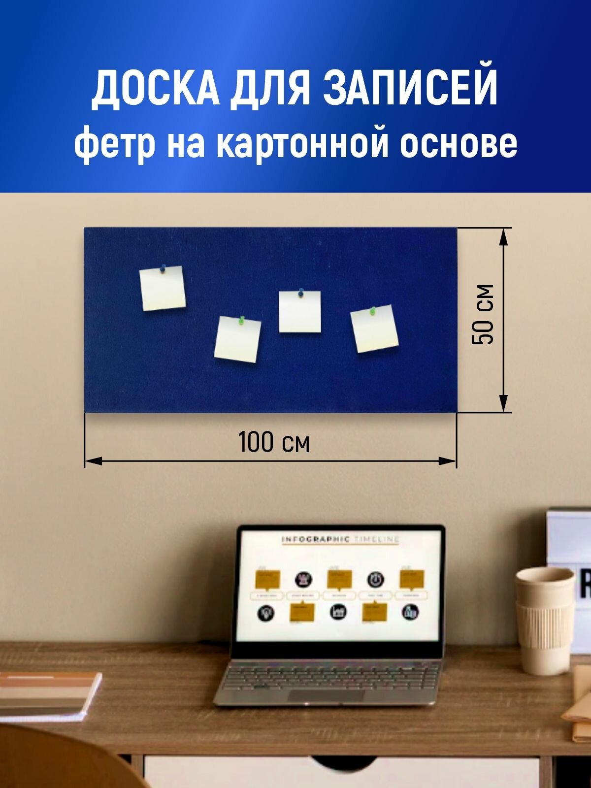 Пробковая доска для заметок, информации и фотографий, без рамы, 100*50 см из фетра синяя, толщина 8 мм, Stendplus, информационный настенный стенд органайзер