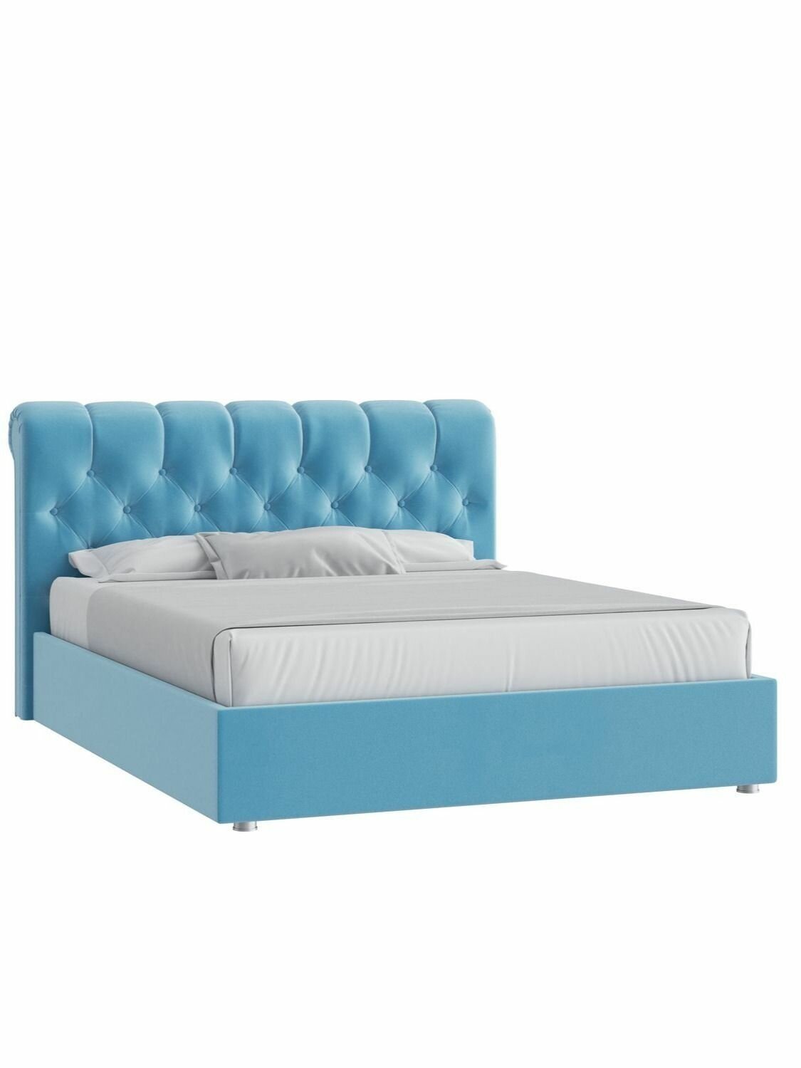 Кровать "Элис" с пуговицами, ткань голубая Гелакси, с подъемным механизмом и ящиками для белья