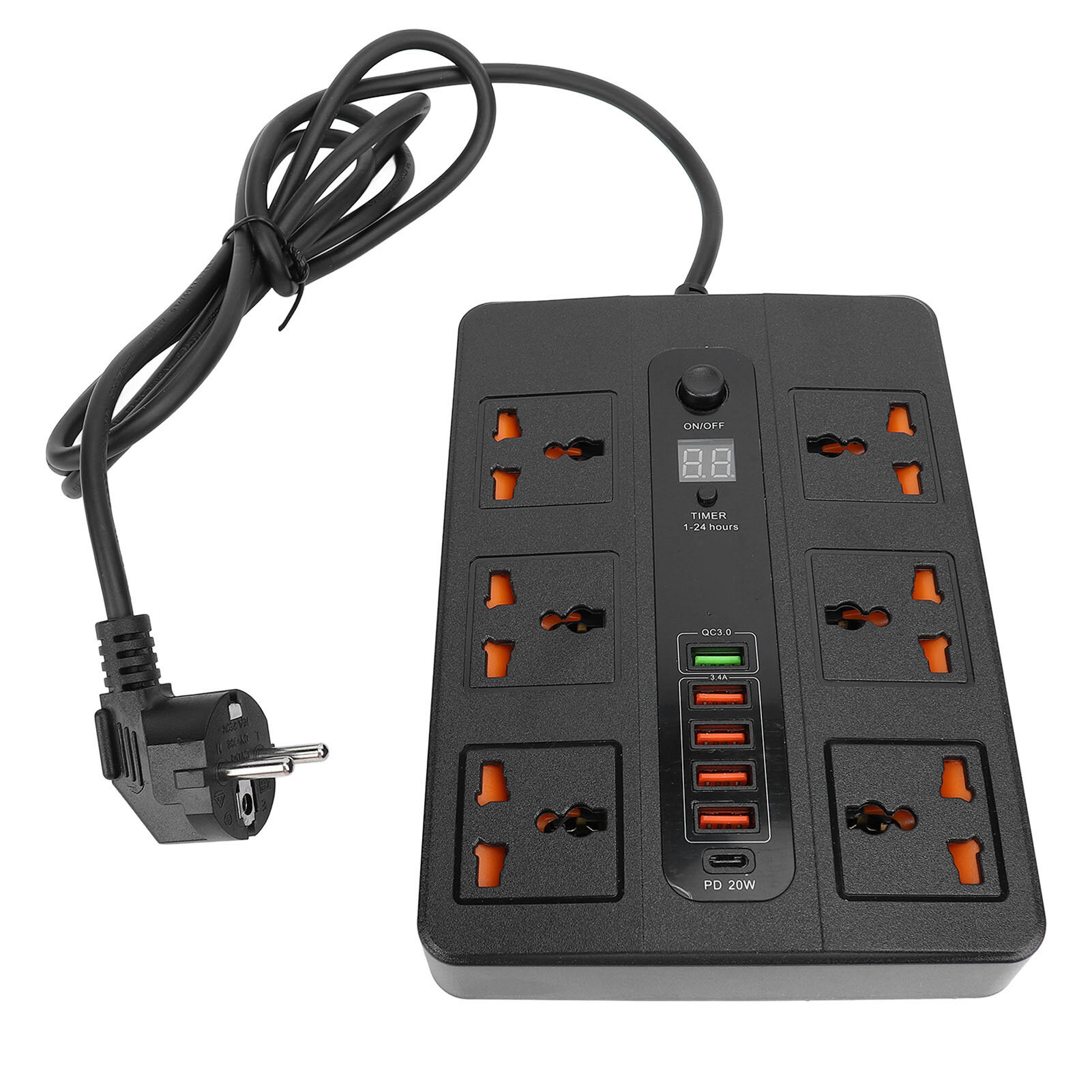 3000 Вт Пилот с 6 розетками, 5 USB-портами и портом быстрой зарядки PD20W QC3.0, с таймером и дисплеем