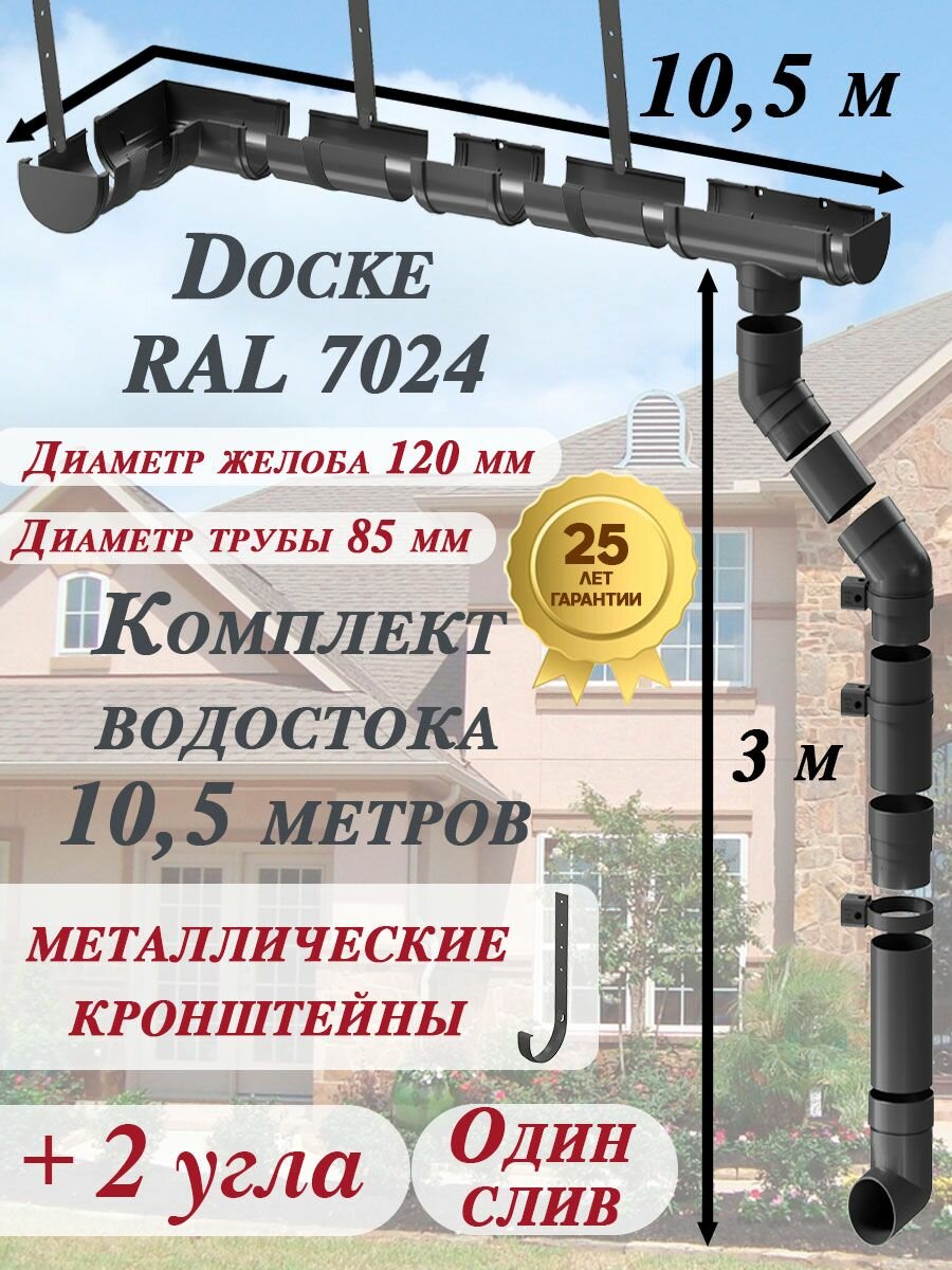 Угловой/прямой комплект водосточной системы Docke Premium 10,5 м карниза (один слив) 120мм/85мм серый для вальмовой кровли с 2 (внешним/внутренним) углами, водосток Деке (RAL 7024 графит) ПВХ