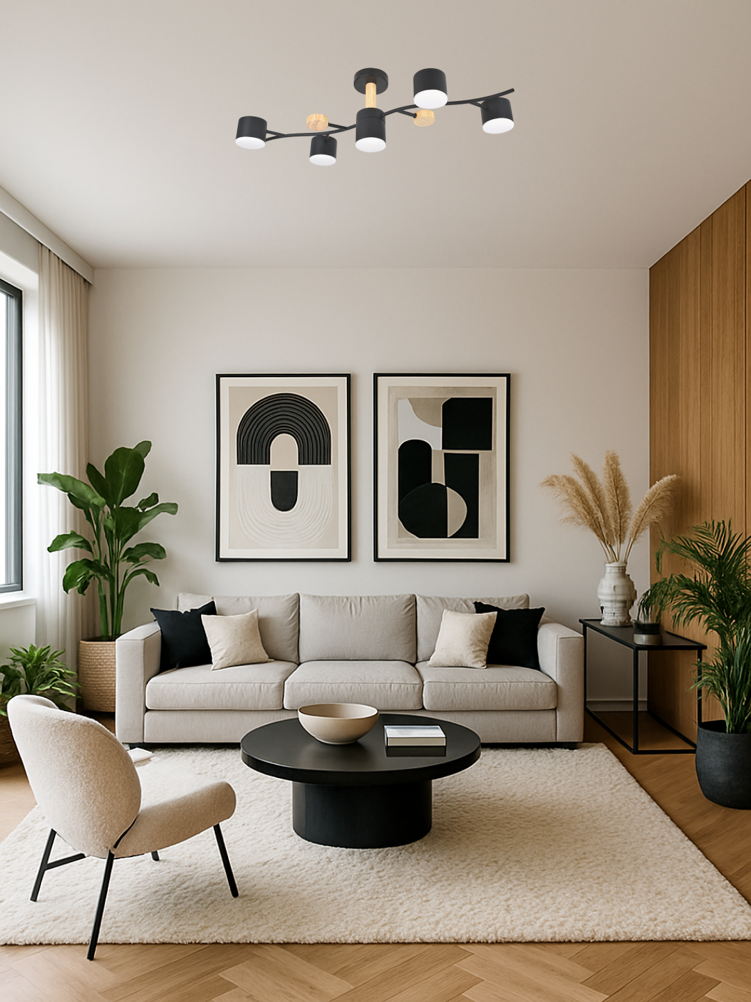 Люстра потолочная с деревом 5 плафонов, освещение 15 м2, 5*GX53