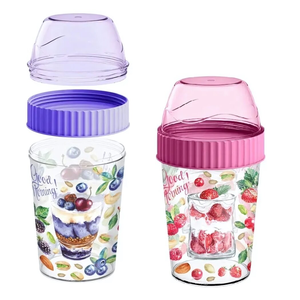 Контейнер для завтрака 440мл с крышкой, пластик, декор «Ягоды», цвет в ассортименте