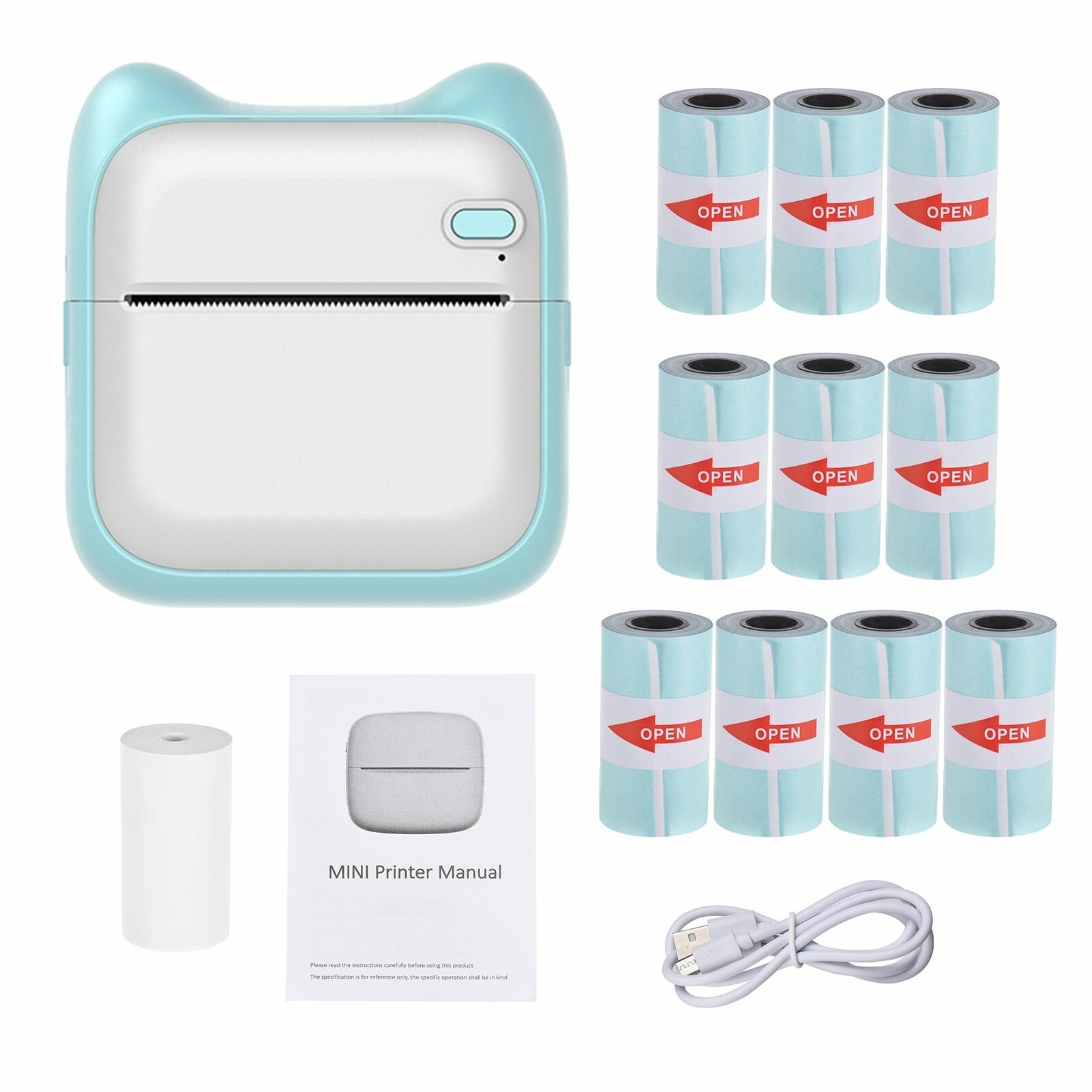 Мини-фотопринтер с Bluetooth, 10 клейких рулонов и 1 рулон термобумаги