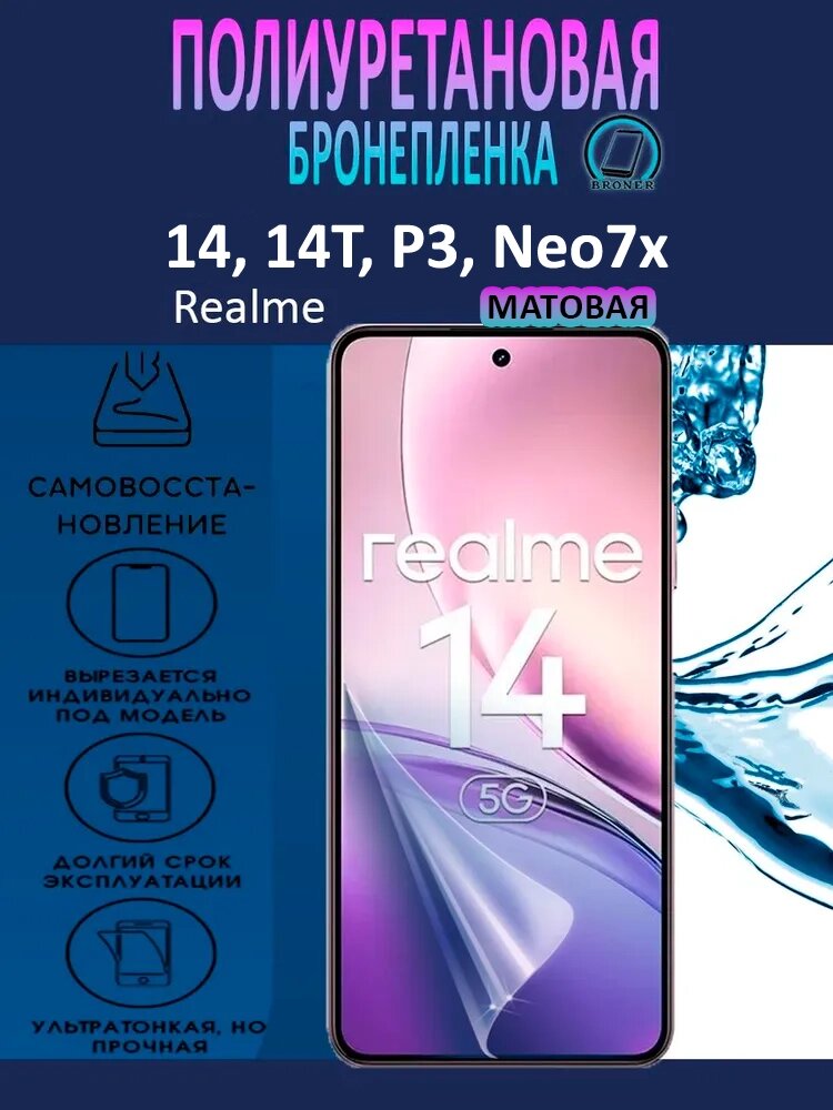 Полиуретановая бронепленка для Realme 14, 14T, P3, Neo7x / Защитная плёнка на экран, совместима с чехлом, с вырезом под камеру / Матовая