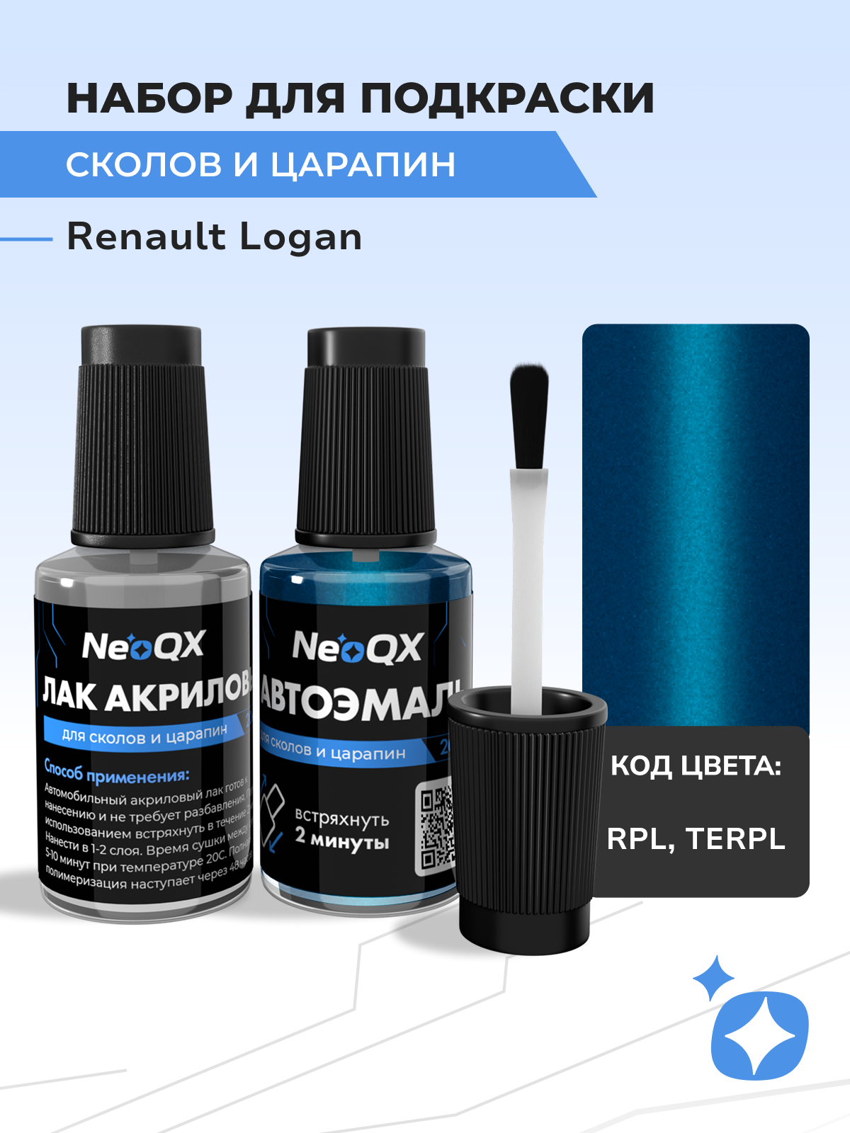 Подкраска RENAULT LOGAN, код RPL, TERPL (Bleu D'Azurite), набор NeoQX для удаления сколов и царапин