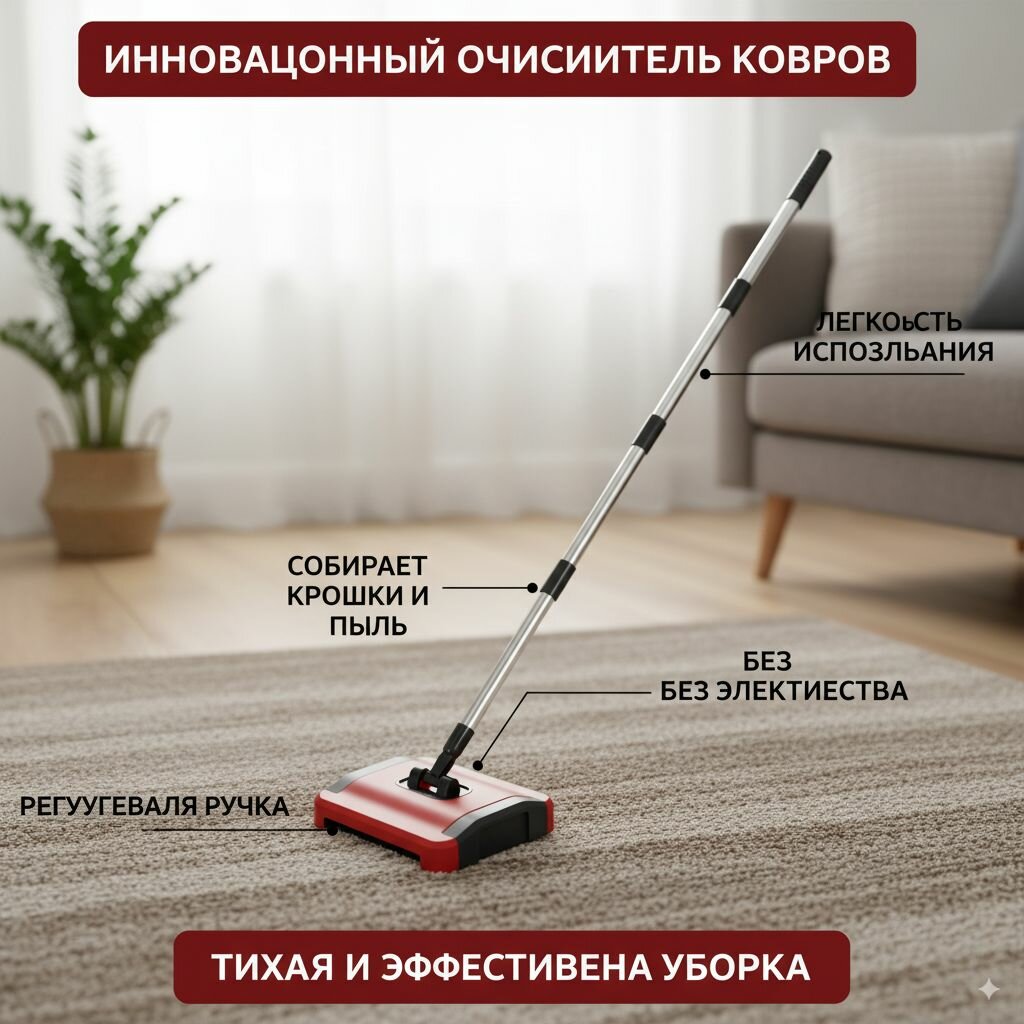 Механический веник-щетка для уборки и чистки ковров, паласов и других ковровых покрытий
