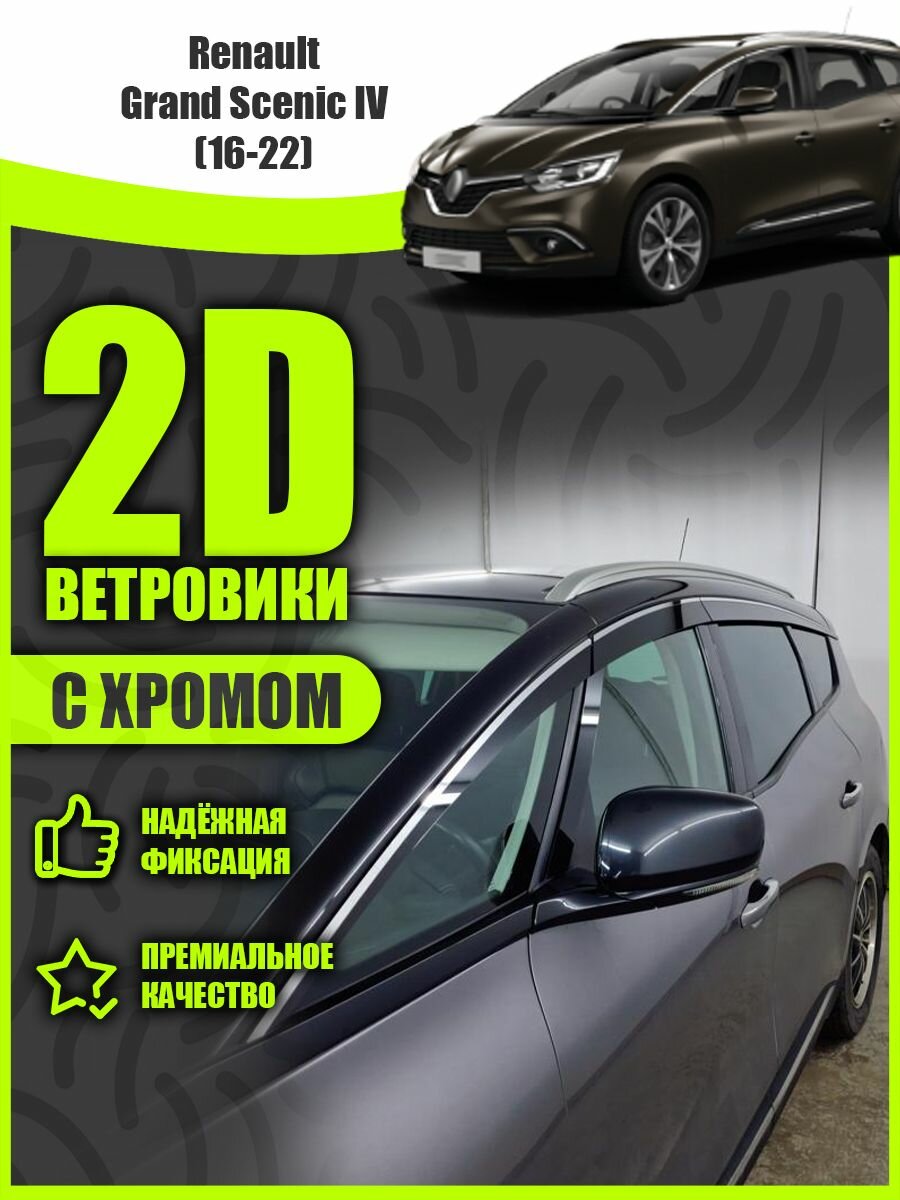 2D дефлекторы для Renault Grand Scenic 4 (2016-2022) Ветровики плоские на Рено Гранд Сценик 4. Комплект 8 шт + хром