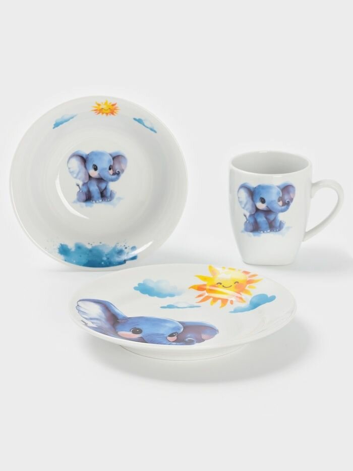 Набор детской посуды Дулевский фарфор Слоник , 3 предмета: тарелка 175 мл, миска 360 мл, кружка 210 мл, белый