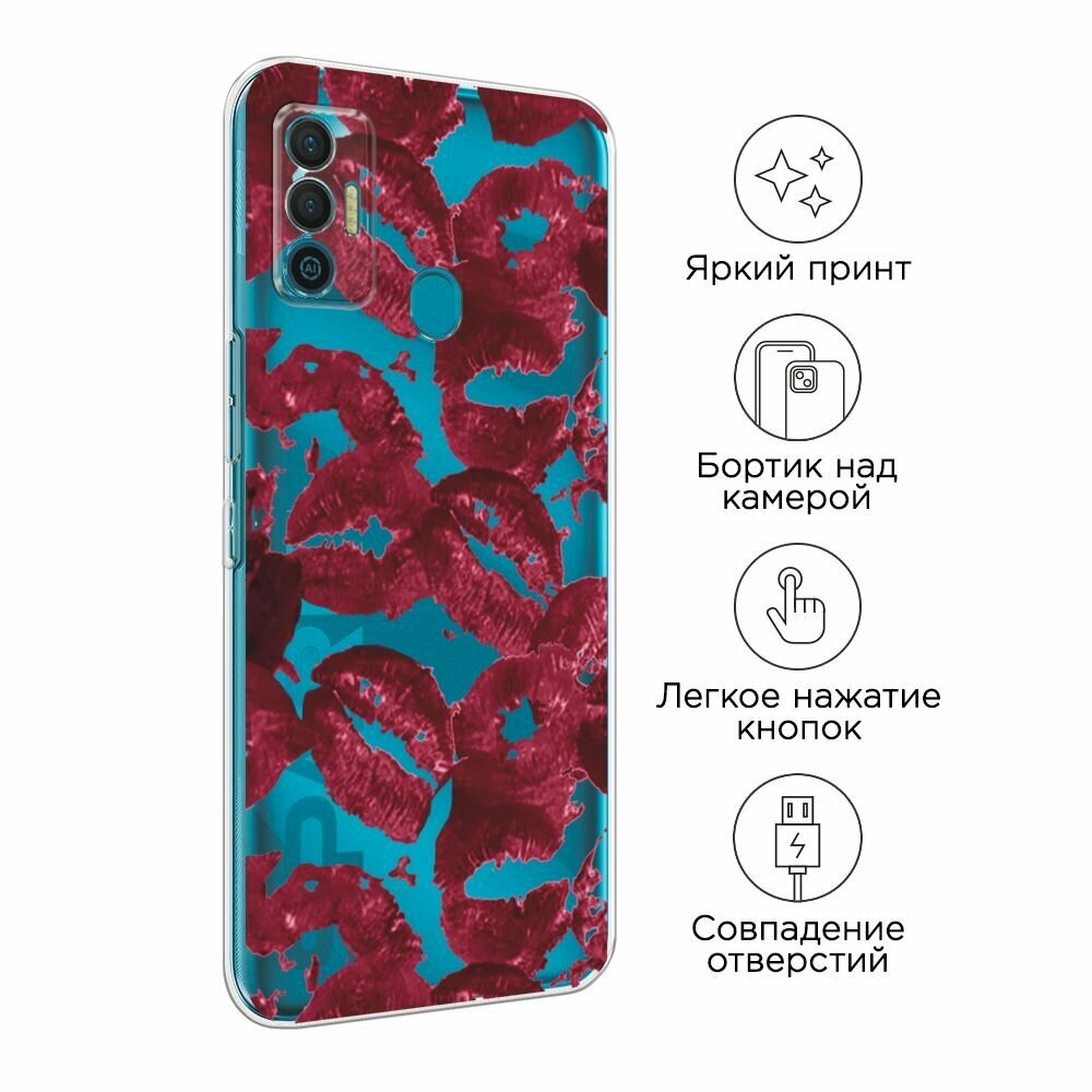 Чехол на Tecno Spark 7 / Техно Спарк 7 с принтом "Помада паттерн 2", прозрачный — фото 1