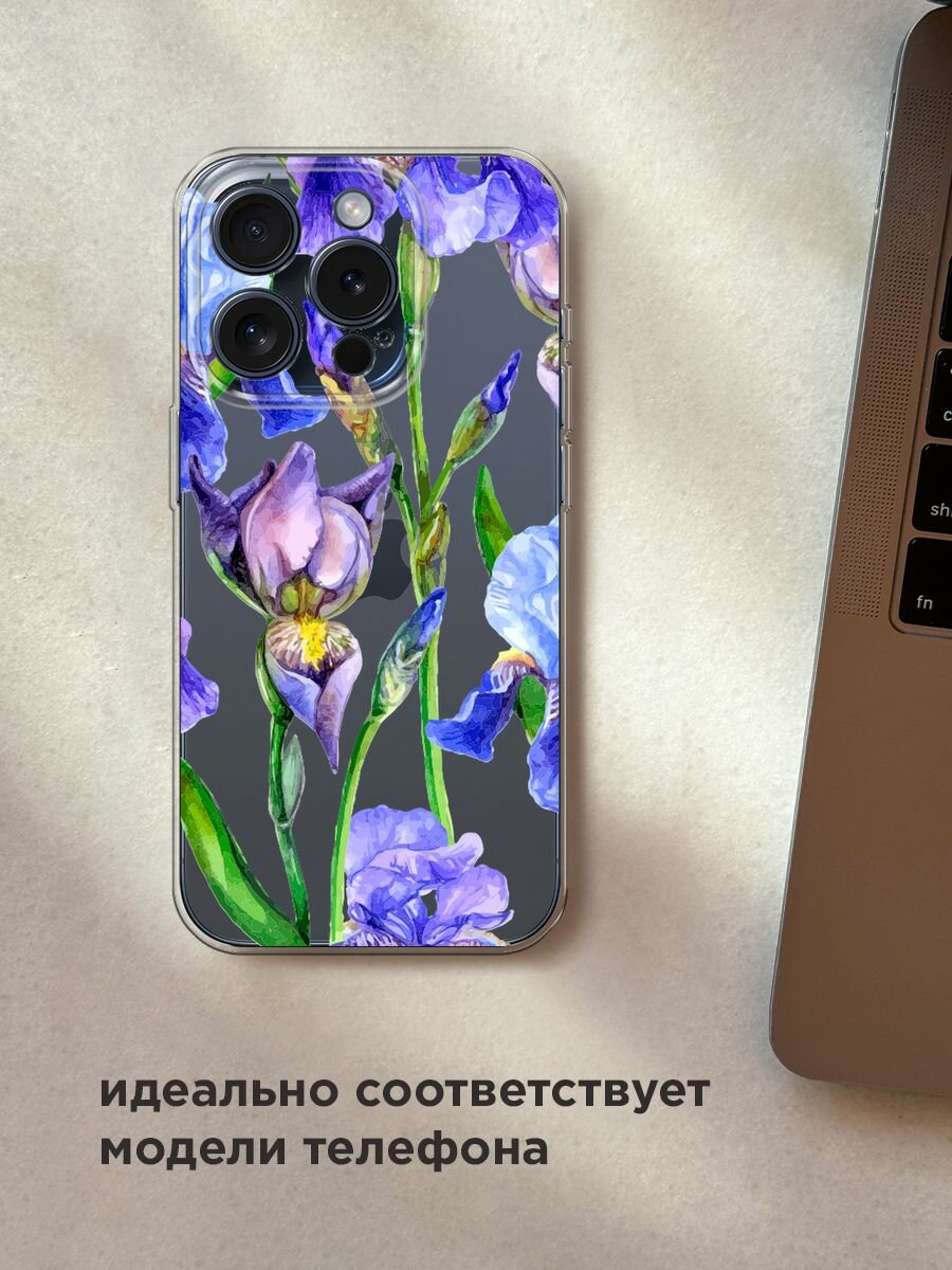 Чехол на Apple iPhone 15 Pro / Айфон 15 Про с принтом "Синие ирисы", прозрачный — фото 1