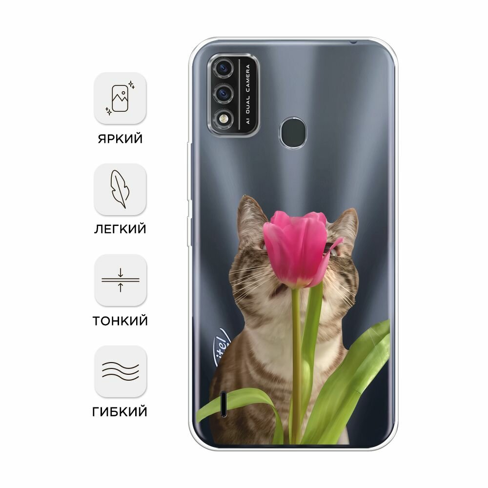Чехол на Itel A48 / Ител А48 с принтом "Кот с тюльпаном - 8 марта", прозрачный — фото 1