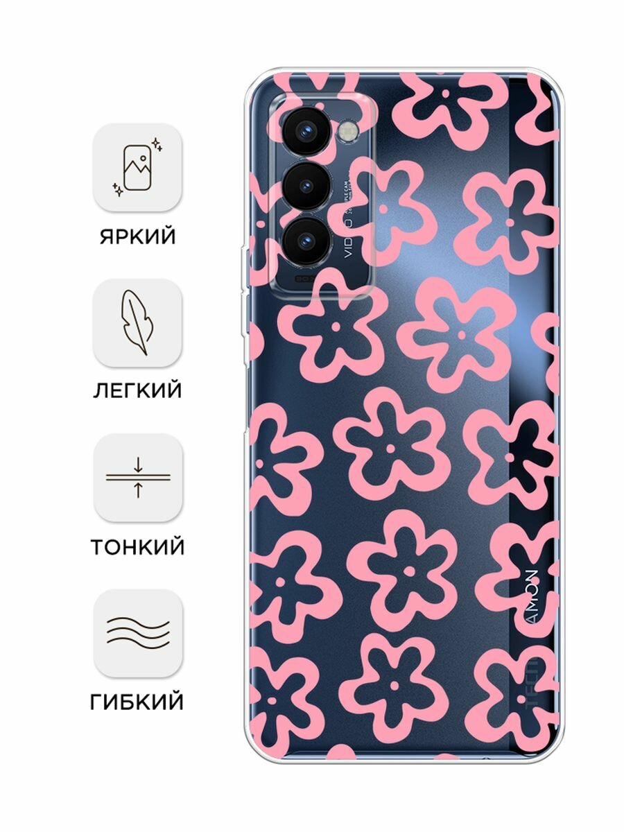 Чехол на Tecno Camon 18P / Техно Камон 18Р с принтом "Простые розовые цветочки", прозрачный — фото 1