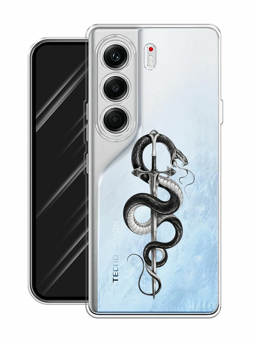 Чехол на Tecno Camon 40 Pro / Текно Камон 40 Про с принтом "Змея с мечом чёрная", прозрачный — фото 1