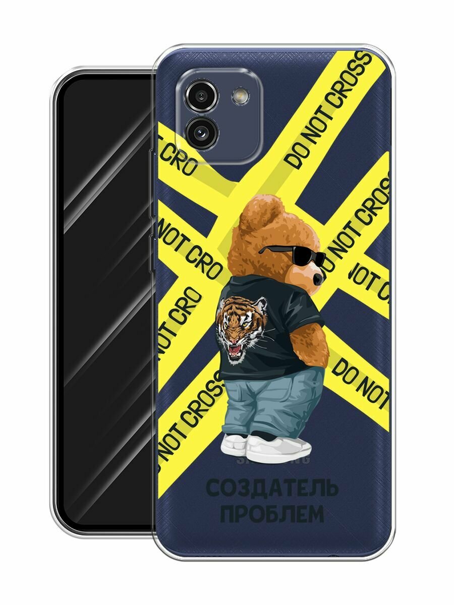 Чехол на Samsung Galaxy A03 / Самсунг Галакси А03 с принтом "Создатель проблем - 23 февраля", прозрачный — фото 1