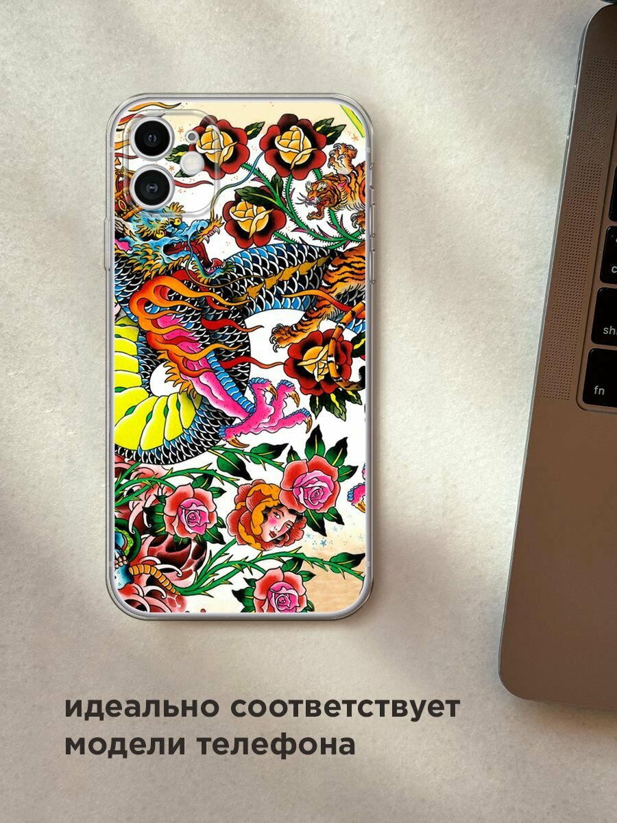 Чехол на Apple iPhone 11 / Айфон 11 с принтом "Дракон в цветах" — фото 1
