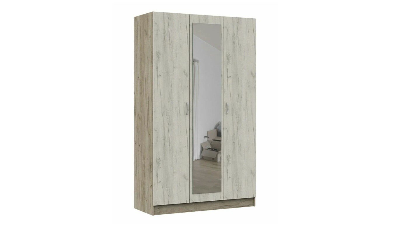 Распашной шкаф Бриз с зеркалом, с полками, со штангой, 120х51.6х202 см, Дуб Крафт серый / Дуб Крафт белый