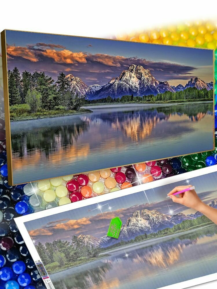 Отражение гор Алмазная живопись, круглый алмаз 40x90CM, без рамки