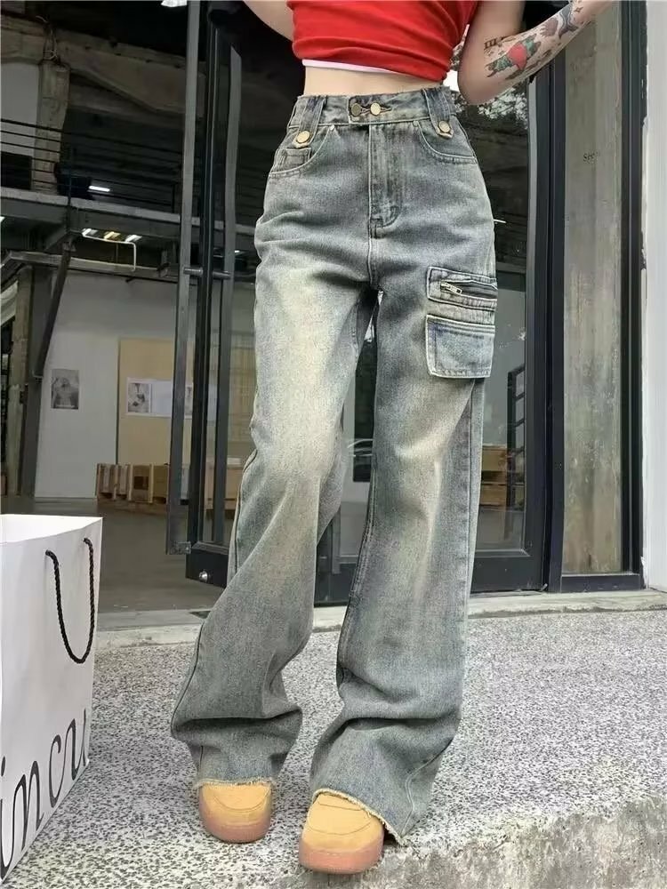 Женские джинсы LI Mall Американские винтажные рваные — высокоходные свободные широкие полные штаны, Размер_S