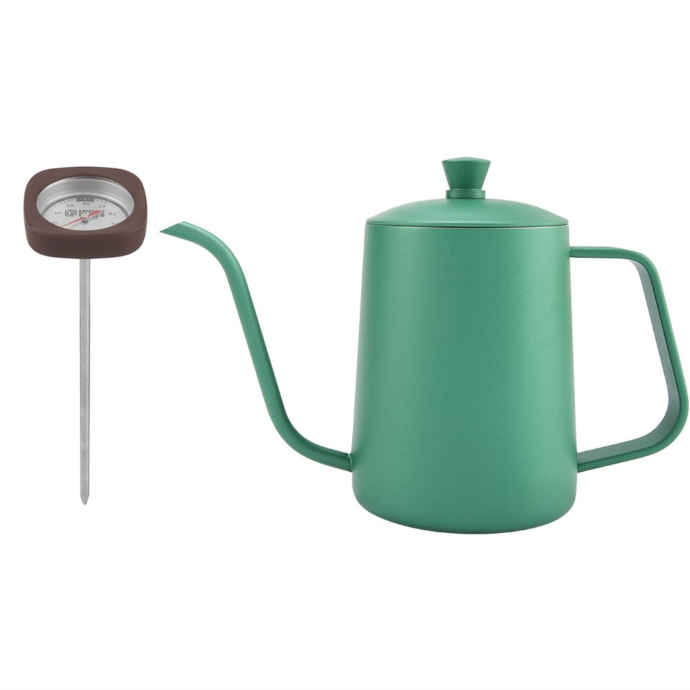 Чайник для кофе из нержавеющей стали объемом 600 мл с носиком-гусиной шеей и термометром (зеленый)