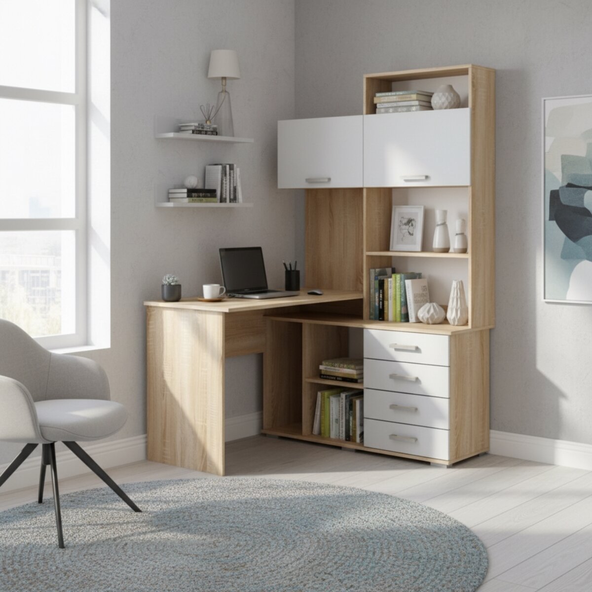 Стол компьютерный письменный угловой Памир ПКС-11 левый, с полкой надстройкой и выдвижными ящиками, белый/дуб сонома